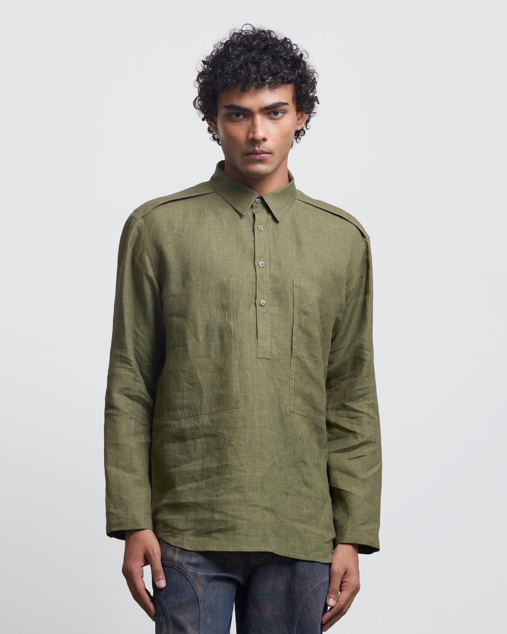 FAUX BUTTON OLIVE HALF-PLACKET SHIRT – countrymade.in